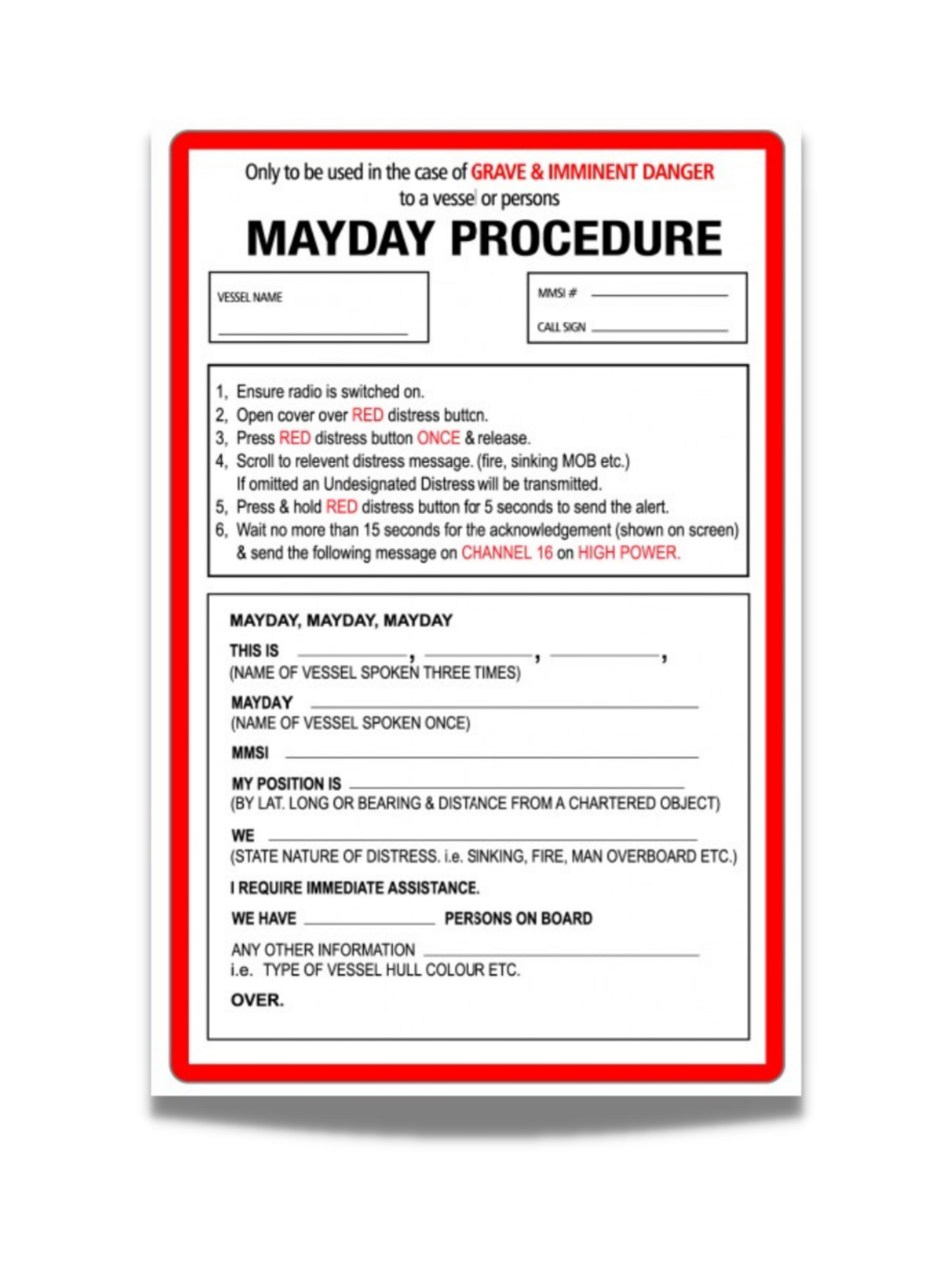 ‘Mayday Procedure’ Boat Safety Stickers | Suffolk Marine Safety